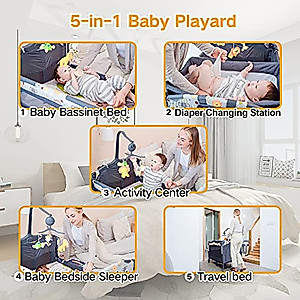 SKIH 5 in 1 baby bedside Sleeper, Bassinet with Toys & Music Box, Mattress, Foldable Playard, Portable Travel crib for Girl Boy Infant Newborn (Grey)