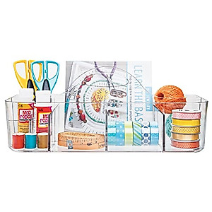 mDesign Plastic Divided Art and Craft Storage Organizer Caddy Tote Bin with Handle for Home Office and Living Room - Holds Pencils, Crayons, Sewing Supplies - Lumiere Collection, 2 Pack, Clear