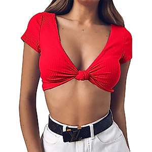 Mizoci Women's Sexy Knot Front Crop Top Deep V Neck Short Sleeve Basic Casual T Shirt,Medium,Red
