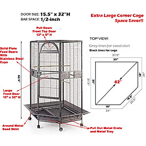 64" Extra Large Corner Flight Bird Parrot Cage for Cockatiel Parakeet Budgies Parrot with Around Metal Seed Skirts, Tight 1/2-Inch Bar Spacing (BlackVein)