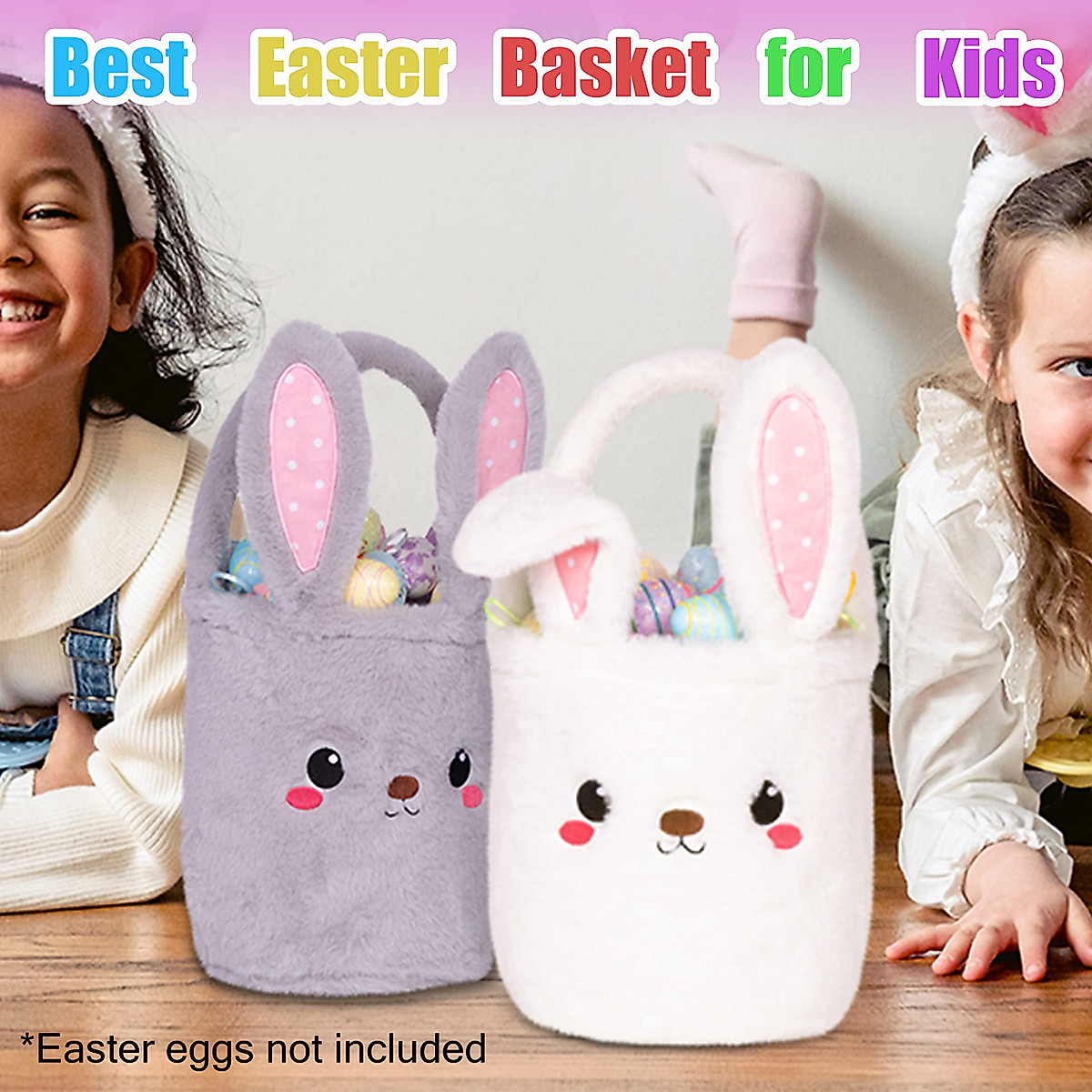 LUBOT Easter Basket for Kids 3D (9inch*9inch) Plush Bunny Baskets with Foldable Ears Egg Hunts bucket for Boys and Girls Easter Decoration Bag Gift, Pink