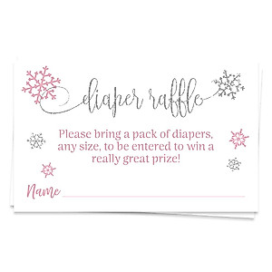 Winter Baby Shower Diaper Raffle Ticket Diaper Wipes Raffle Ticket Insert Request Prize Snowflake Pink Silver Snowy Shimmery Glittery Glitter Shimmer Glimmer Snow (25 Count)