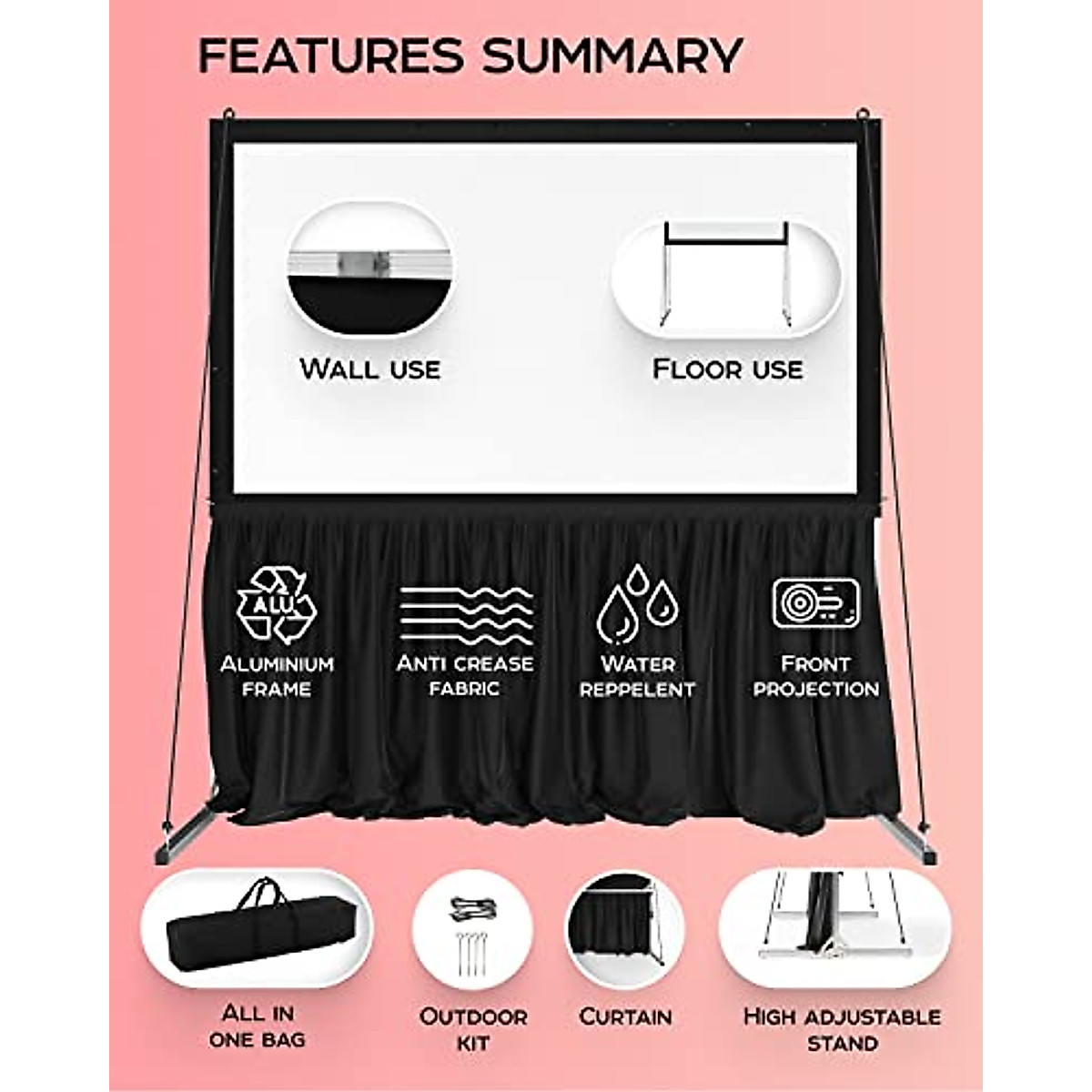 80 inch Outdoor Projector Screen and Stand or Wall Mount - 2 in 1 Indoor Outdoor Movie Screen - Premium Portable Projection Screen HD 16:9 - Large Metal Fast Foldable Fixed Frame - Theater Skirt