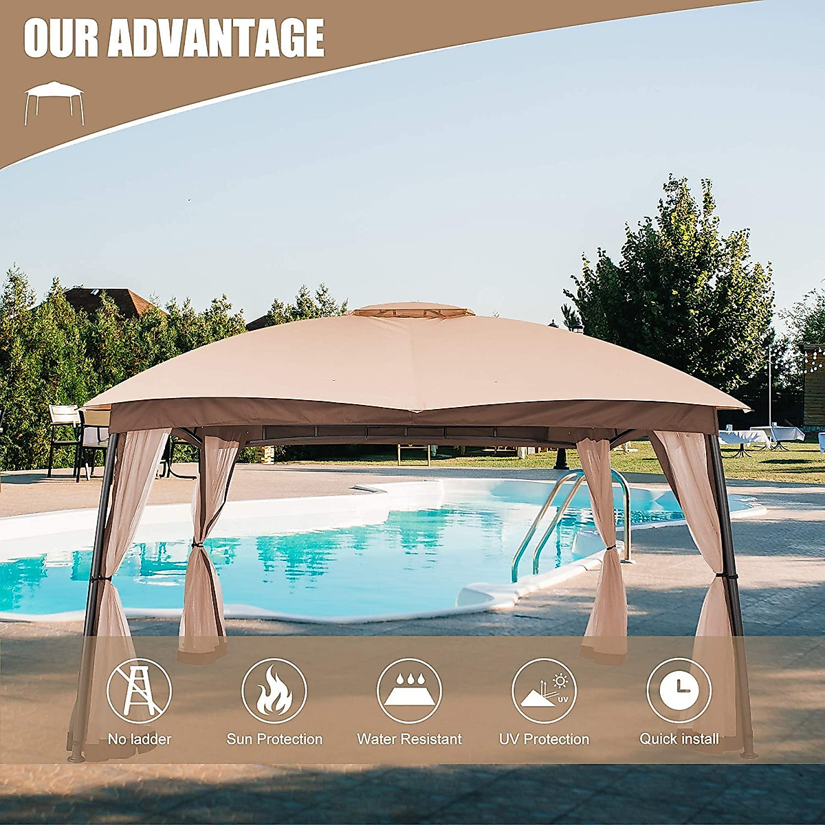 Gazebos for Patios with 4 Sand Bags, Outdoor Gazebo Tent with Netting Screen Walls, Heavy Duty Gazebo Canopy with 120 Square Feet of Shade for Garden, Backyard Deck, and Lawns (Khaki)