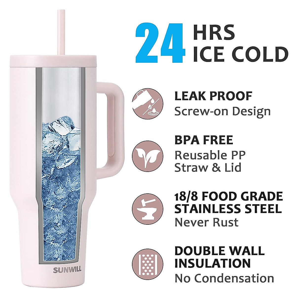 SUNWILL 40 oz Tumbler With Handle and Straw Lid, Coffee Tumbler Cups, Insulated Reusable Stainless Steel Travel Coffee Mug for Office & Outdoor, Cupholder Friendly, Rose Quartz