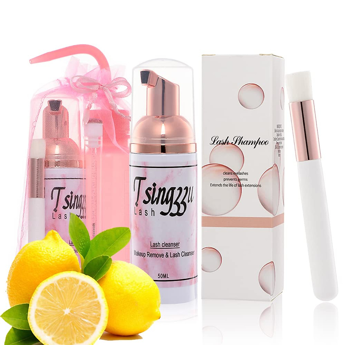 Tsingzzu Lash Shampoo For Lash Extensions With Lash Shampoo Brush 50ml Oil Free Lash Shampoo lemon scent Gentle Eyelash Extension Cleanser Lash Bath