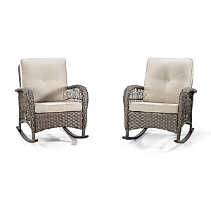 Joyside Patio Wicker Rocking Chair Set of 2 - All-Weather Outdoor Rocker Chair Two Pieces with Safe Rocking Design and Premium Fabric Cushions(Mixed/Beige)