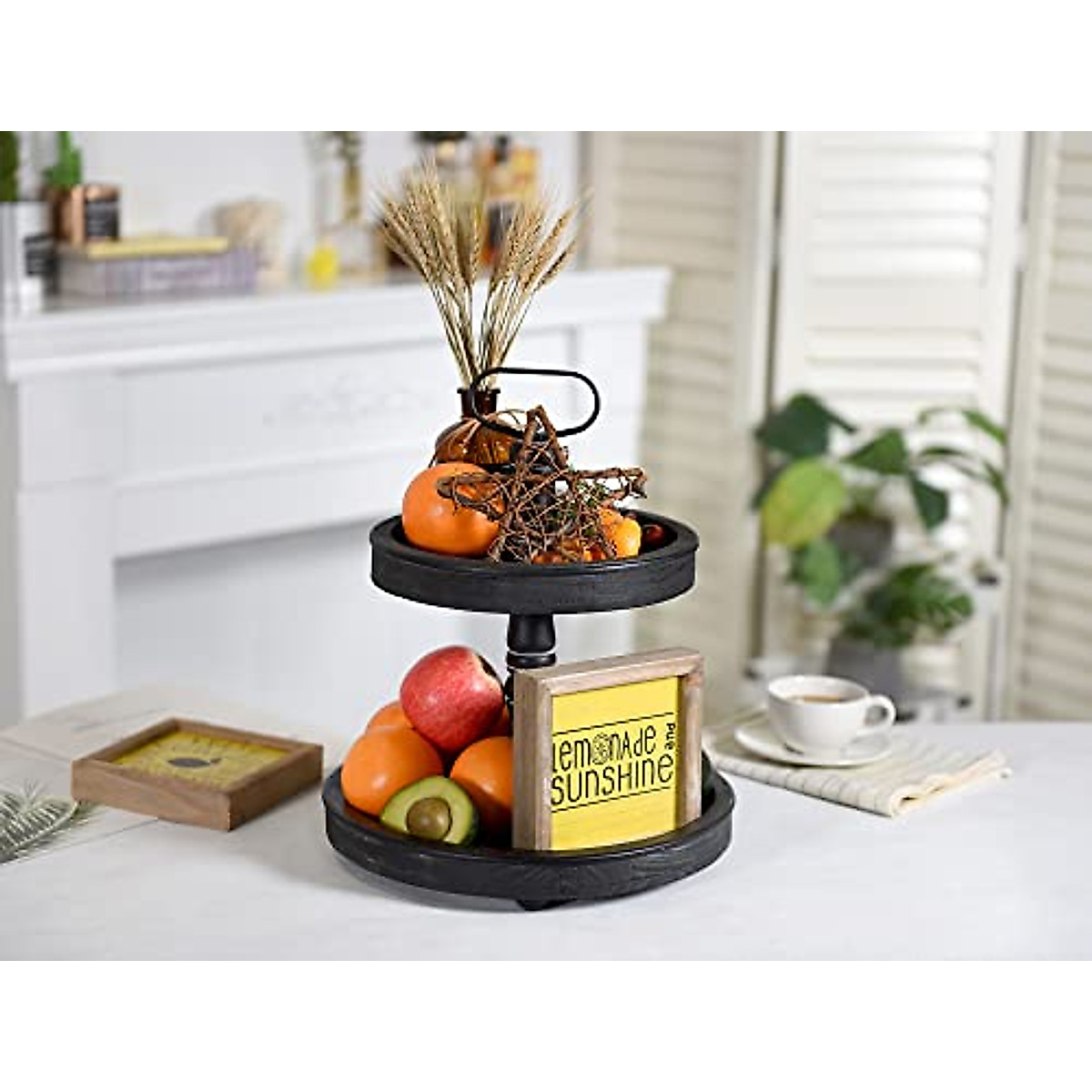 Funly mee Distressed Rustic Black Wood Two-Tier Tray with Metal Handle,Decorative Organizer for Kitchen Counter Top, Dining Room Table(Black)