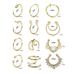ORAZIO 12Pcs Fake Nose Rings Hoop Stainless Steel Faux Septum Piercing Clip On Nose Septum Ring Faux Non-Pierced Nose Rings Earrings Jewelry