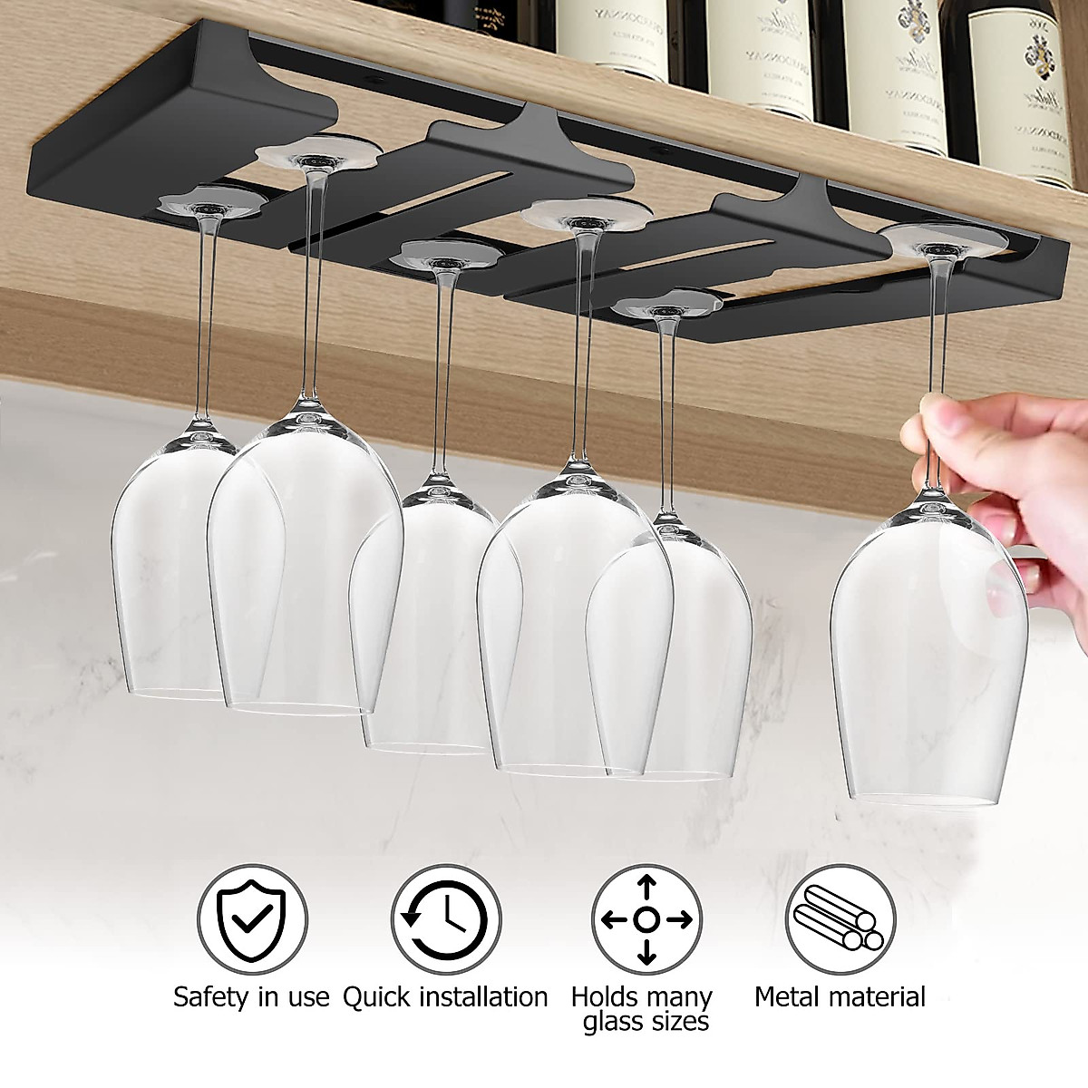 Wine Glass Rack, 2 Pack Under Cabinet Stemware Wine Glasses Holder, Metal Wine Glass Holder Shelf with 4 Mug Hooks Wine Glasses Storage Hanger for Kitchen Bar Restaurant, Black 3 Rows