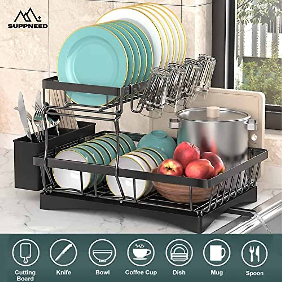 SUPPNEED Dish Drying Rack with Drainboard, 2-Tier Dish Racks for Kitchen Counter, Dish Strainers with Extra Drying Mat , Utensil Holder , Cutting Board Holder ,Wine Glass Holder, Black