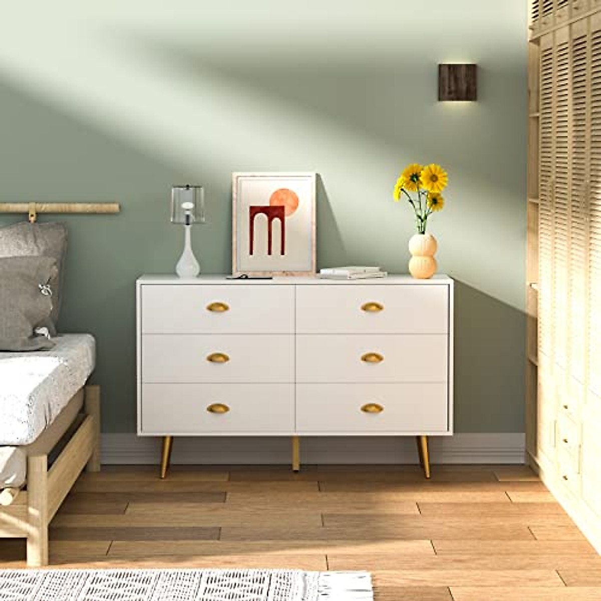 CARPETNAL White Dresser, Modern Dresser for Bedroom, 6 Drawer Dresser with Wide Drawers and Metal Handles, Wooden Double Dressers & Chest of Drawers for Hallway, Entryway