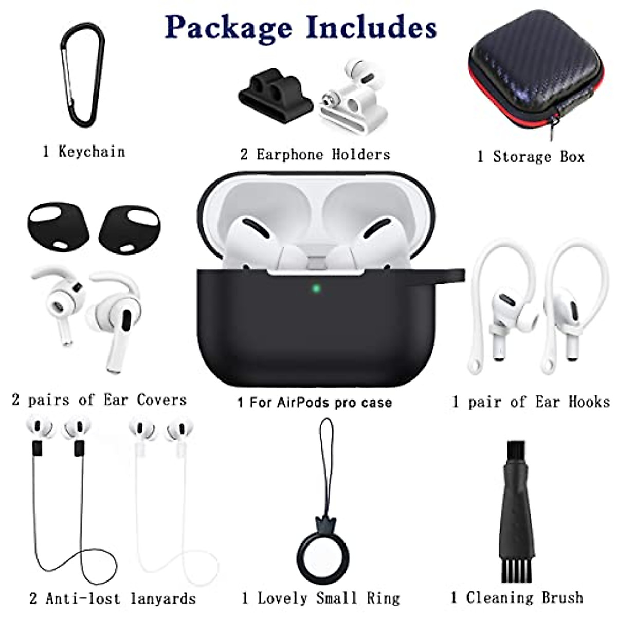 for Airpods Pro Case Black, 12in1 Kit Silicone Accessory Set Protective Cover for AirPods Pro 1st Generation with Watch Band Holder/Ear Hook/Ear Hangers/Ear Tip/Strap/Ring/Keychain/Brush/Carrying Box