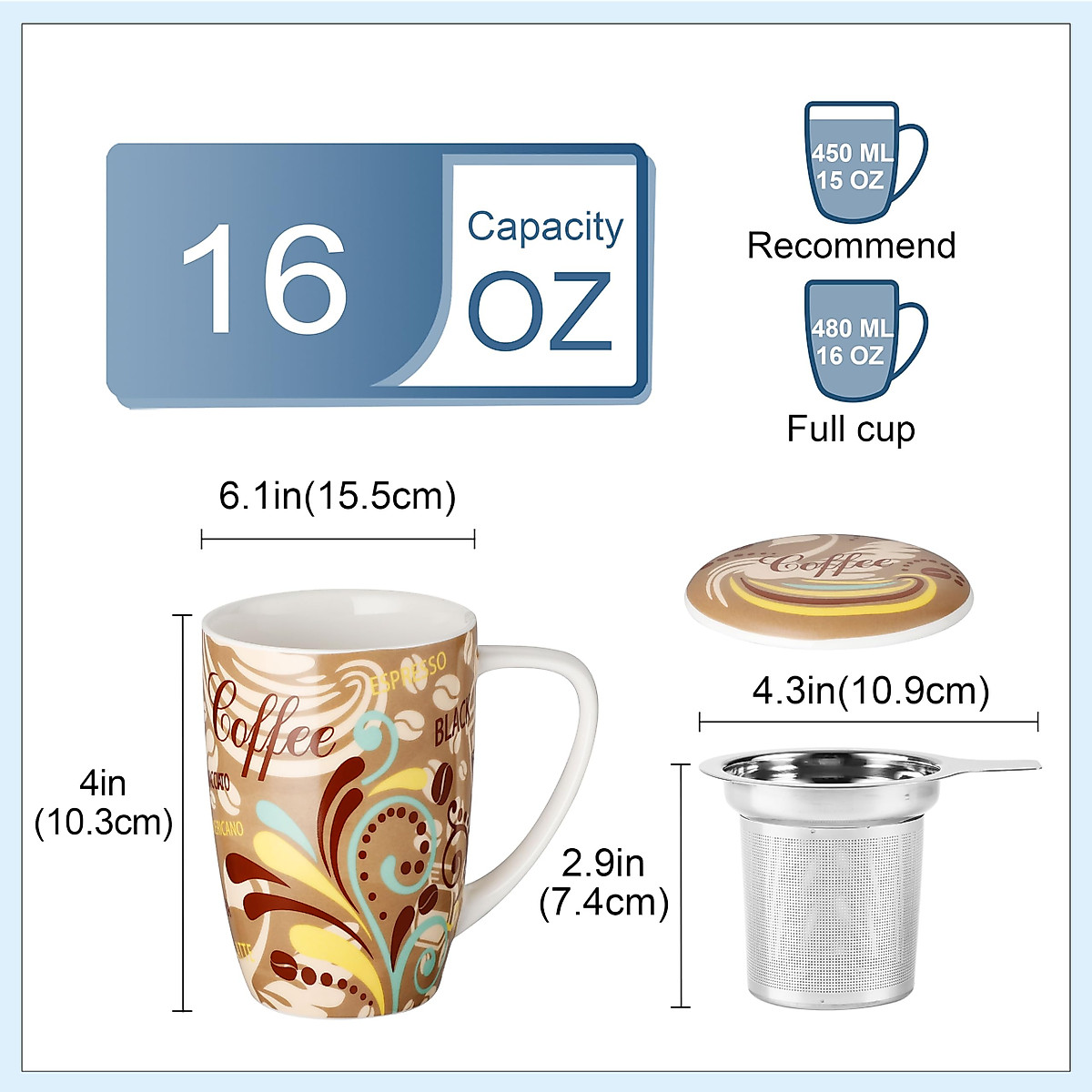 LOVECASA 16 OZ Tea Mug with Infuser and Lid, Tea Infuser Mug with Handle Ceramic Mug with Filter for Tea, Milk, Coffee, Loose Leaf Tea Infusers, Black