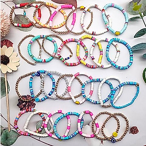 Svovin 58 Pcs Preppy Heishi Bracelets Set Colorful White Gold Heart Star Evil Eye Beaded Polymer Clay Pearl Stackable Charm Y2K Kidcore Summer Beach Bohemian Layering Bracelets Jewelry for Women