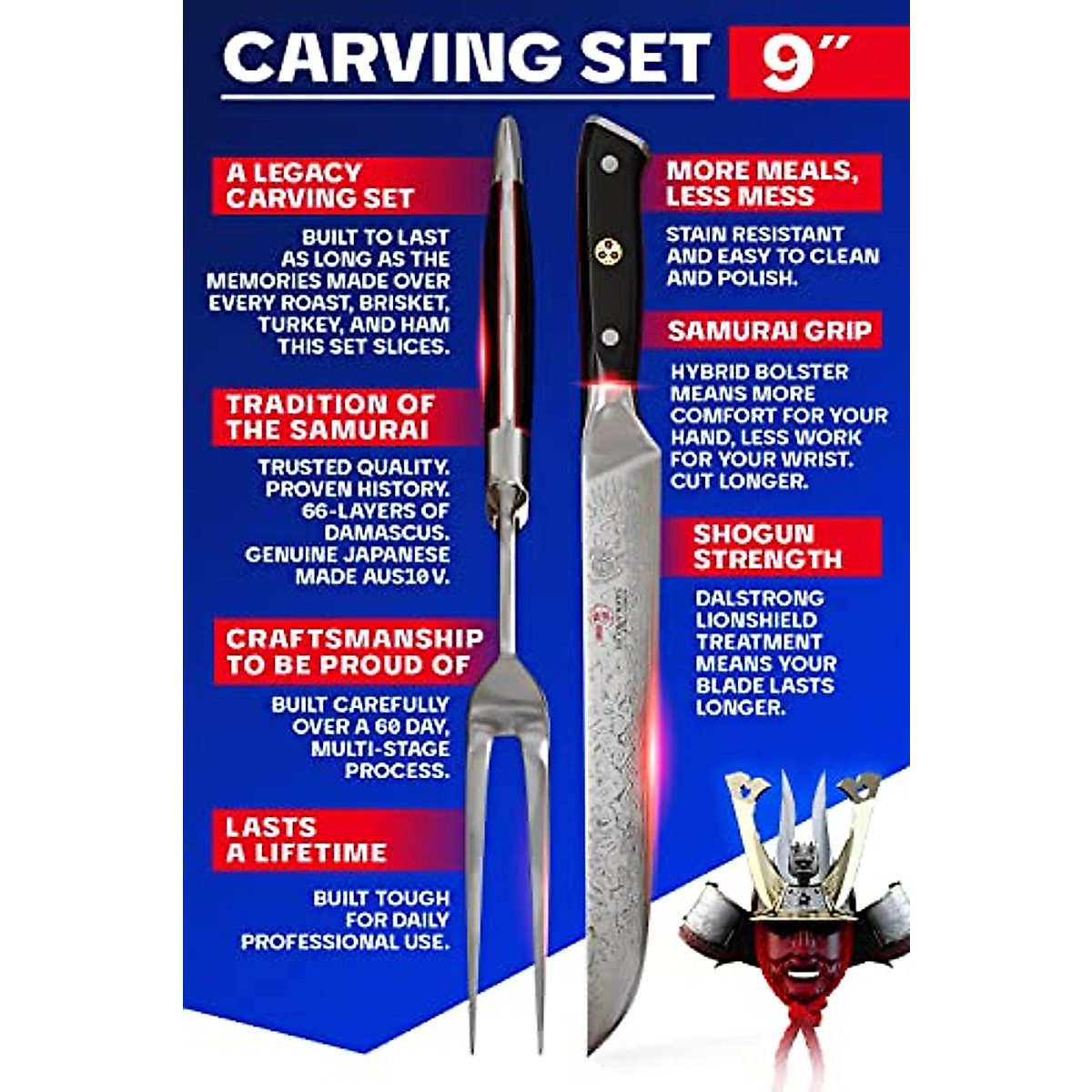 Dalstrong Shogun Series Damascus Japanese AUS-10V Super Steel Carving Kitchen Knife & Fork Set, 9 Inches, Sheath Included