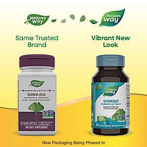 Nature's Way Ginkgo Premium Extract, Supports Memory & Concentration*, 120 mg Ginkgo Biloba Extract per 2-Capsule Serving, with Gotu Kola, Vegan, No Gluten, 60 Capsules (Packaging May Vary)