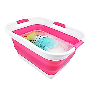 SAMMART 30L(8 gallon) Collapsible Plastic Laundry Basket - Foldable Pop Up Storage Container/Organizer - Space Saving Hamper/Basket - Water Capacity 24L(6.3 gallon) (White/Rose Pink)