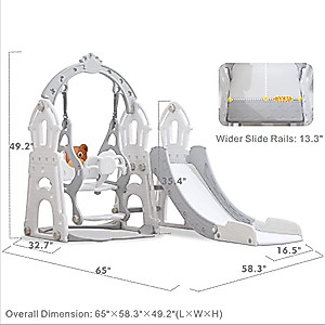 MERIT play Toddler Slide Kids Slide and Swing Set, 4 in 1 Baby Slide Climber Playset with Basketball Hoop and Safety Swing Set, Indoor Outdoor Backyard Baby Playground Toys for Toddlers Age 1-5, Grey