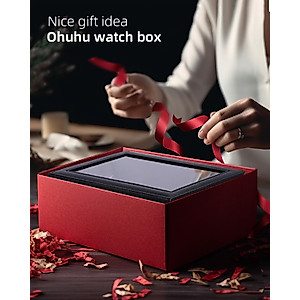 Ohuhu Watch Case, 12 Slot PU Leather Real Glass Lid, Watch Box Watch Holder Organizer Display Storage Box Soft Velvet Jewelry Box for Men and Women Birthday