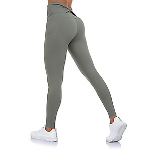 HERRLA High Waist Leggings for Women with Pocket,Crossover Gym Workout Yoga Pants Lounge Legging (Army Green,L)