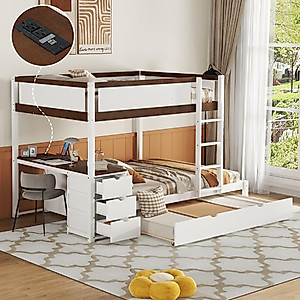 Harper & Bright Designs Full Over Full Bunk Bed Twin Size Trundle, Wood Full Bunk Bed with USB Ports, Storage and Desk, White+Walnut