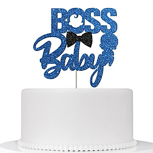 Boss Baby Cake Topper for Boy Birthday, Gender Reveal Welcome Baby Boy Cake Decoration, Baby Shower Birthday Party Supplies Boss Boy - Blue Black Glitter