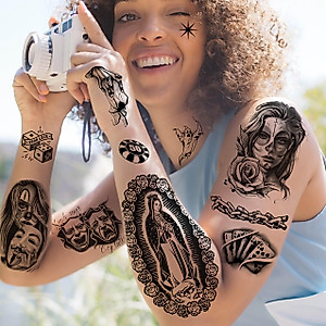 TASROI 6 Sheets Large Chicano Temporary Tattoos For Men Women Adult, Chicana Guadalupe Gangster Fake Tattoos Prisoner Day of the Dead, Halloween Mexico Tattoo Stickers, Tatuajes Temporales Autocolante
