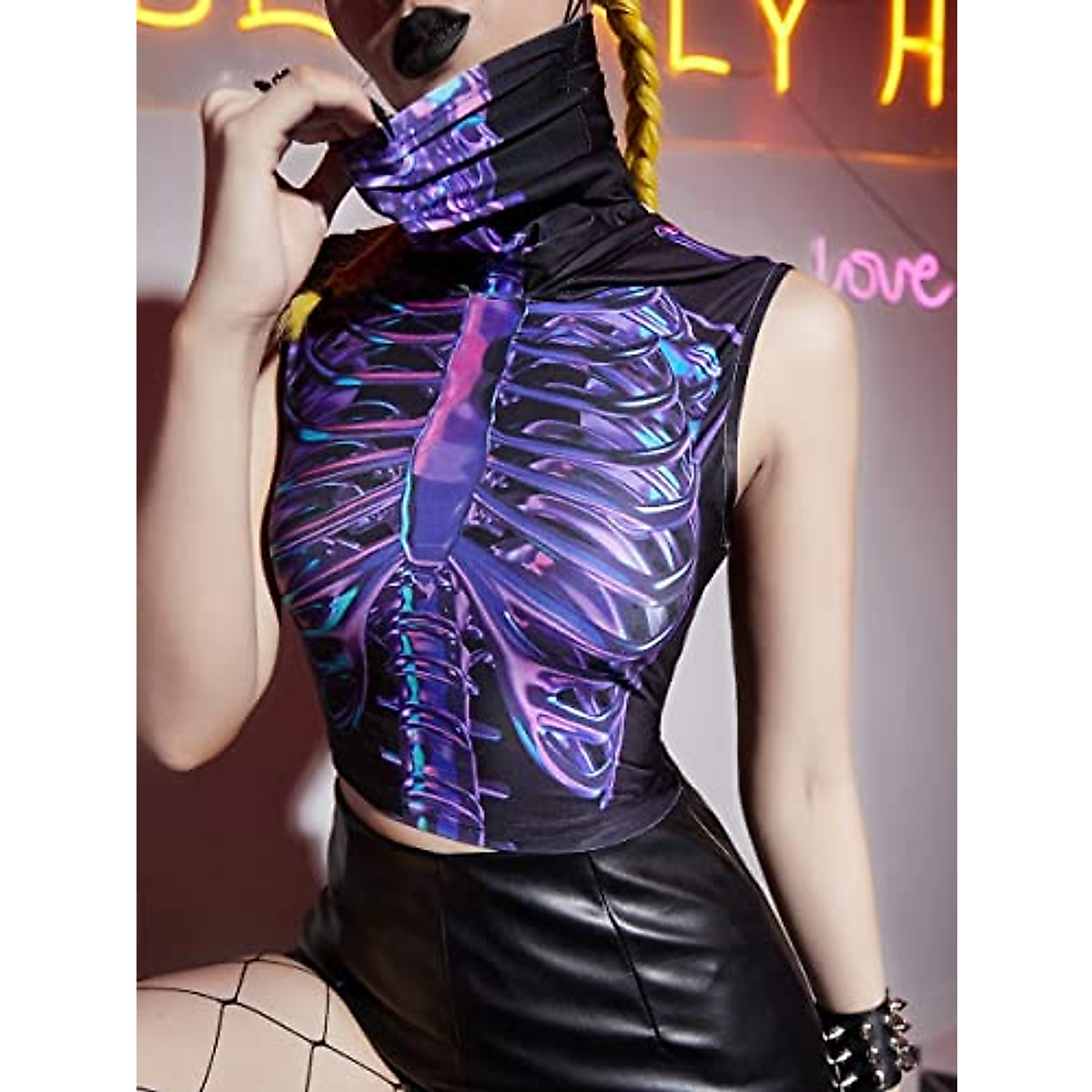 LANSHULAN Gothic Skeleton Print Hooded Crop Top