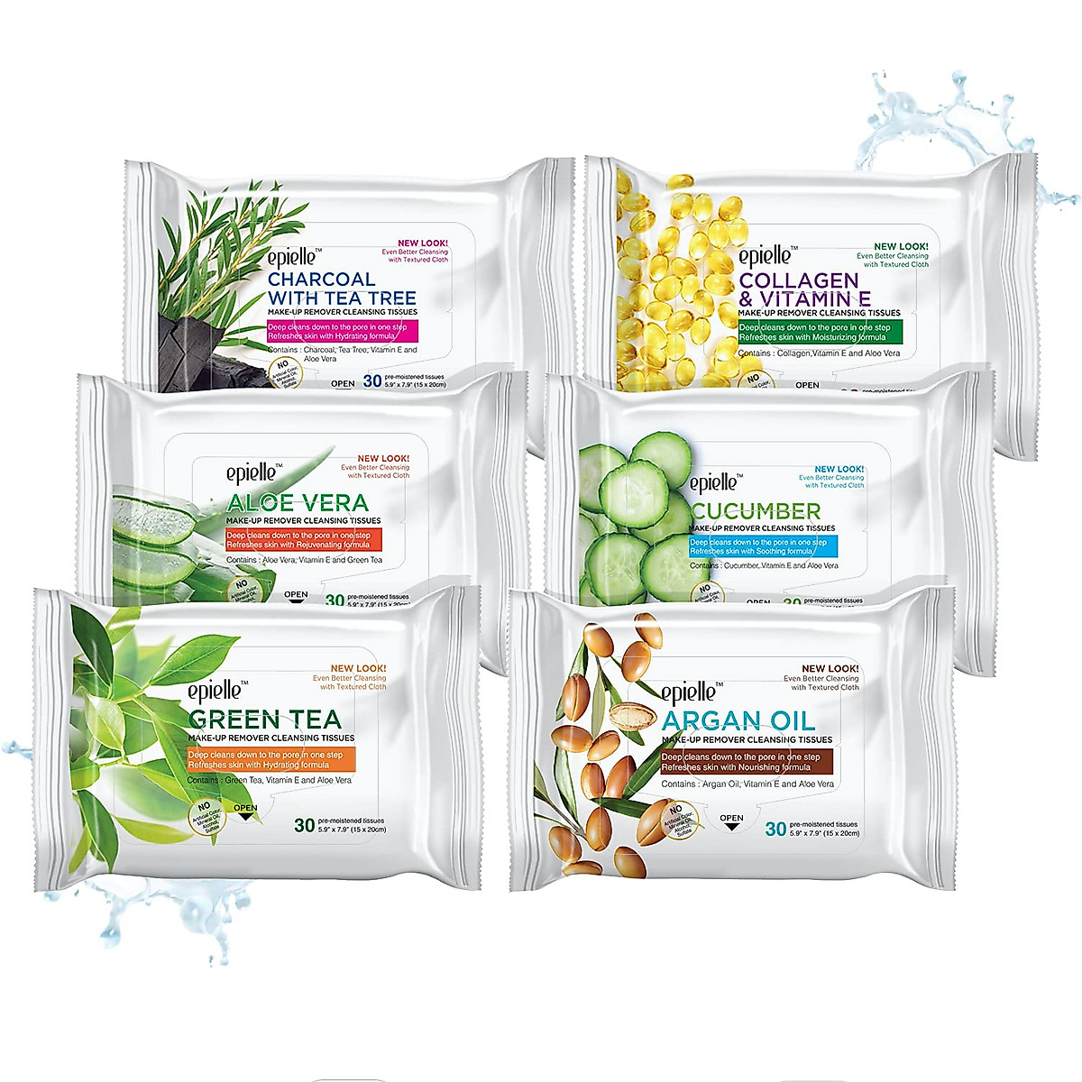 Epielle New Makeup Remover Cleansing Wipes Tissue | Gentle for all Skin Types | Daily Facial Cleansing Towelettes | Removes Dirt, Oil, Makeup | Nicely Scented - Charcoal, Collagen, Aloe, Cucumber, Green Tea, Argan Oil | 30 Count | Assorted 6 Pack