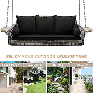 Wicker Porch Swings Outdoor 3 Person Swing Bench Hanging Porch Swing Chair with Cushion and Pillow for Ouside Garden, Yard, Lawn (Black)