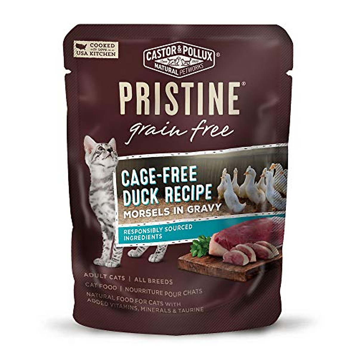 Castor & Pollux Pristine Grain Free Cage-Free Duck Recipe Morsels in Gravy Cat Food Pouches, 3 Oz (Pack of 24)