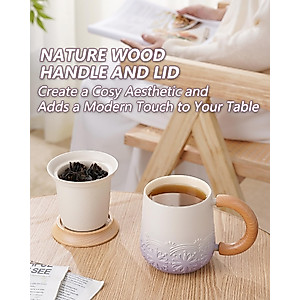 ZENS Tea Mug with Infuser and Lid for Loose Leaf Tea Steeper, 11 oz Embossed Ceramic Tea Cup with Strainers for Tea Steeper, Wood Handle Gradient Tea Cup for Daughter, Collector's Mug Gifts