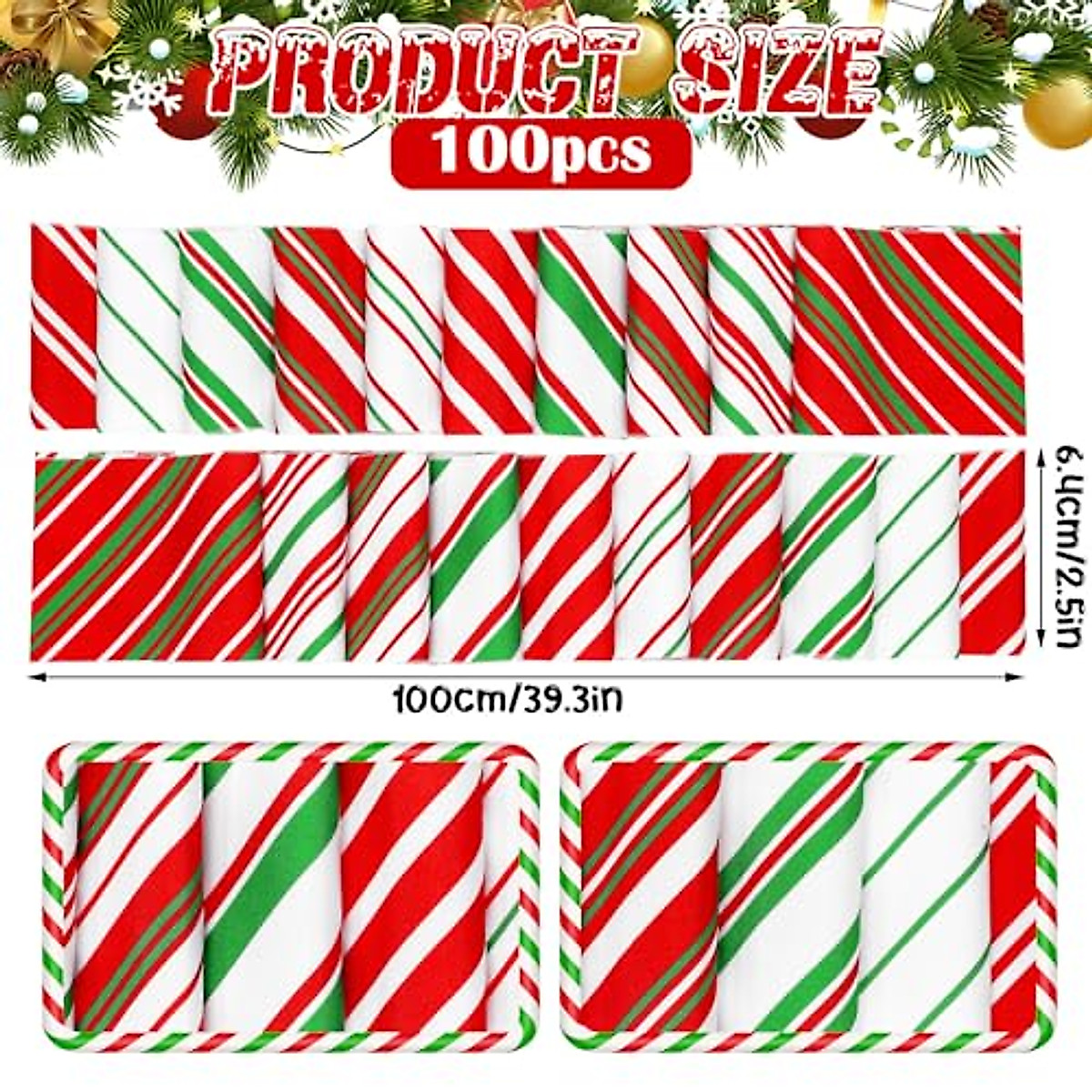 Ganeen 100 Pcs Christmas Fabric Patchwork Roll Quilting Fabric Roll up Fabric Quilting Strips, 2.55 Inch Candy Elements Roll up Fabric Patchwork Fabric for Xmas Sewing DIY Crafts