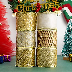 HUIHUANG Gold Christmas Ribbon - 2.5 inch Wide Gold Wire Edge Ribbons for Tree Decorations, Crafts, Gift Wrapping, Wreath, Garland, Bows - 6 Rolls x 6 Yards