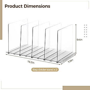 2 Pack Purse Divider Organizers for Closet, 16.3'' x 7.9'' x 6.4'' Adjustable Clear Shelf Dividers for Bags Purses Closet Organization, Handbag Divider Organizer Holders for Bookshelf Bedroom
