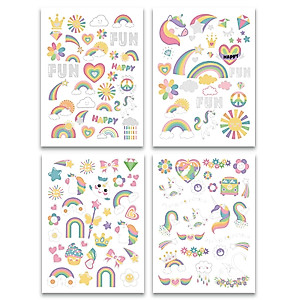 Waterproof Temporary Tattoos - 118pcs Groovy Fake Tattoo for Kids Birthday Party Supplies, Star Unicorn Smiley Rainbow Flower Candy Crown Arts and Crafts for Boys or Girls 6 7 8 9 10 11 12 years old