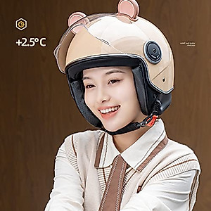 Adults Electric Open Face Bear Ears Motorcycle Helmet, Men Women Motorbike 3/4 Helmet DOT Approved, Retro Vespa Helmet Half Helmet with Visor, for Scooter Cruiser Moped Chopper