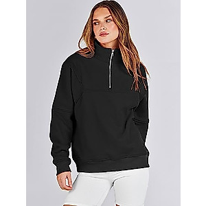 Caracilia Women Oversized Sweatshirt Quarter Zipper Fleece Pullover Hoodies Half Zip Y2K Clothes Collar Sweater Long Sleeve Trendy Fall Top Cute Gym Clothes for Women C113A7-heise-M Black