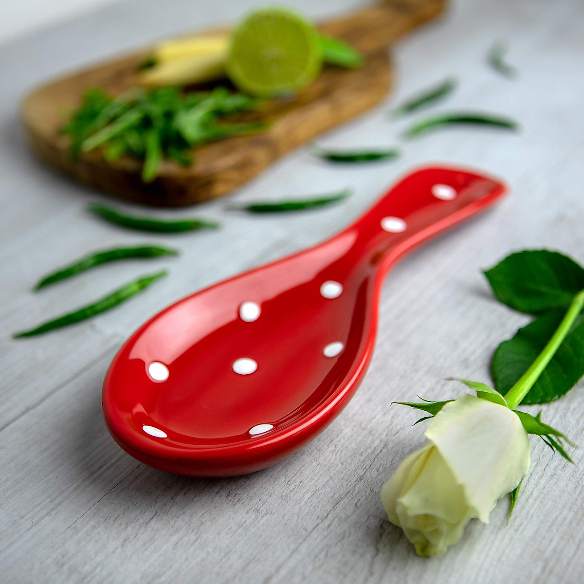 Handmade Red and White Polka Dot Ceramic Kitchen Cooking Spoon Rest | Pottery Utensil Holder | Housewarming Gift by City to Cottage®