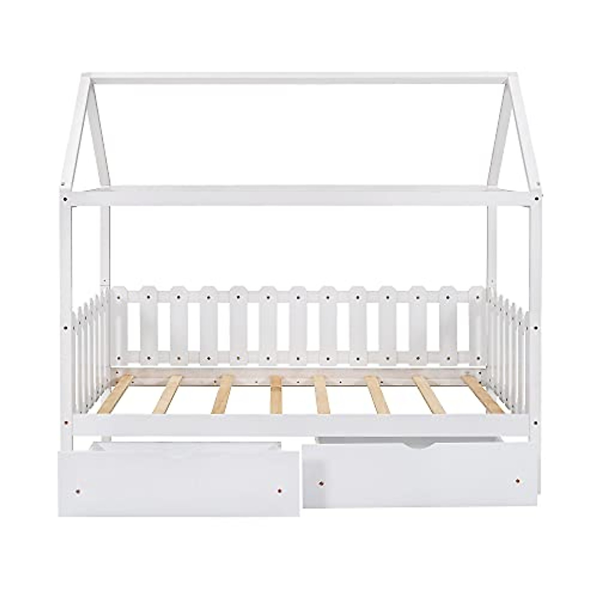 Lifeand Twin Size House Bed with 2 Drawers, Fence-Shaped Guardrail and Sky Roof, Solid Wood Bedframe for Gilrs Boys,White