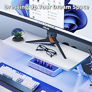 MOTPK White Gaming Desk with LED Lights, Carbon Fiber L Shaped Gaming Desk, Corner Gaming Desk L shape, Gamer Desk Gaming Table with Monitor Stand & Cup Holder & Headphone Hook, 51 Inch, Gift Ideas