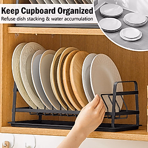 Poeland Dish Drying Rack with Drain Pan, Plate Pot Lid Holder and Dish Drainer for Kitchen Counter Cabinet