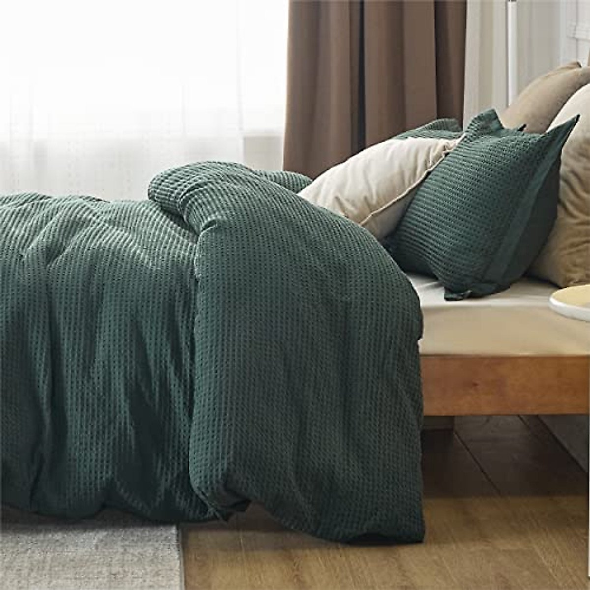 Bedsure Cotton Duvet Cover Queen - 100% Cotton Waffle Weave Forest Green Duvet Cover Queen Size, Soft and Breathable Queen Duvet Cover Set for All Season (Queen, 90"x90")