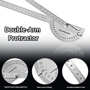 Suiwotin Angle Protractor 0-180 Degrees, Stainless Steel Angle Finder, Double Arms Protractor Ruler Woodworking Degree Protractor Craftsman Measuring Tools (30 cm/ 11.81 Inch)