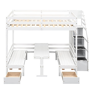 MERITLINE Full Loft Bed with Stairs and Desk, Wooden Full Loft Bed with Desk, Bunk Bed Full with Convertible Seats and Table Set Underneath for Kids Girls Boys Teens,White