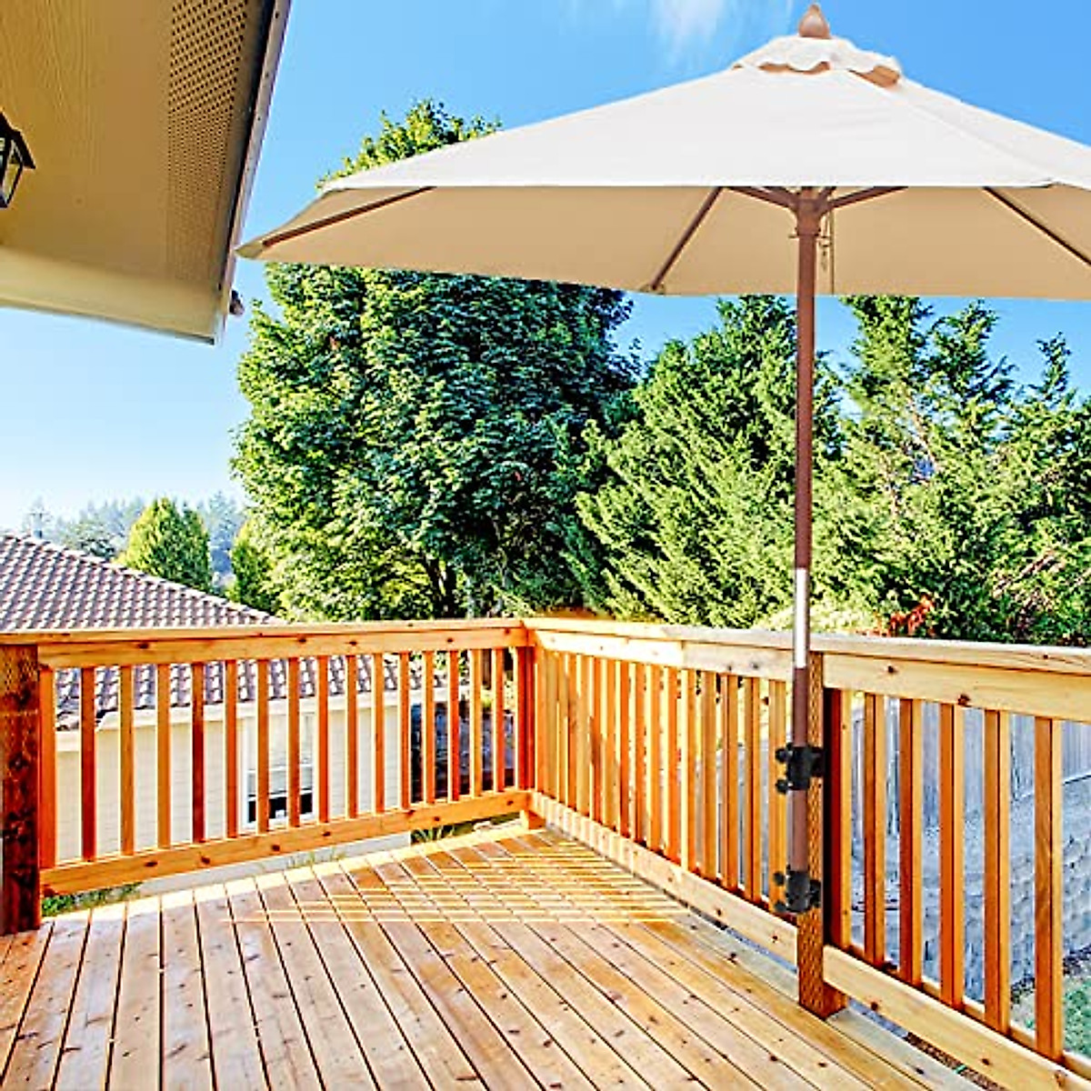 LKHOME Patio Umbrella Holder, Outdoor Deck Umbrella Mount, 2.2'' Diameter in Stainless Steel Umbrella Clamp Adjustable Railing Umbrella Mount Outside for Garden Backyard Balcony