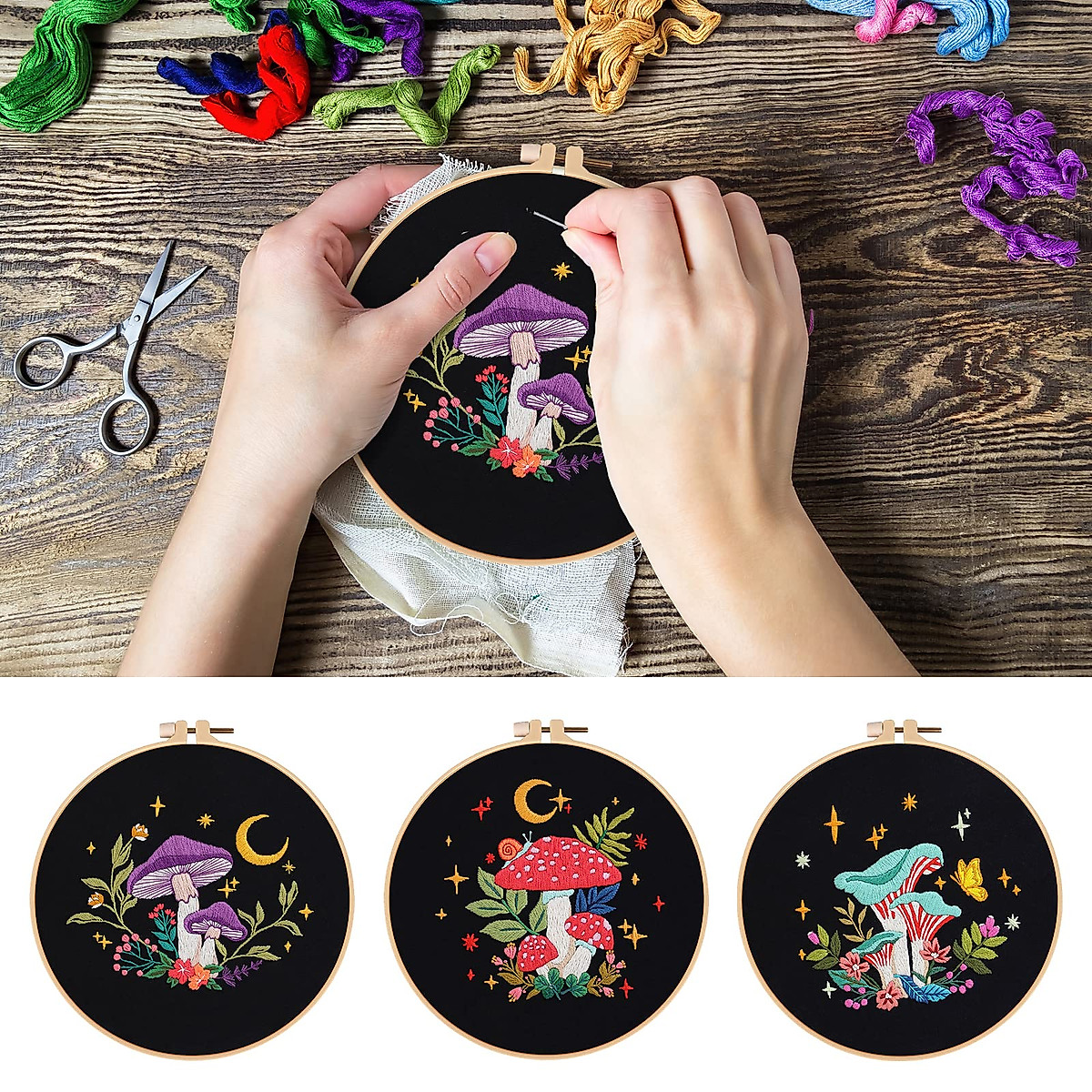 Nuberlic 3 Pack Embroidery Kit for Adults Beginners, Stamped Cross Stitch Mushroom Patterns with Hoop, Thread, Needles & Step-by-Step Guide Easy DIY Starter Kit