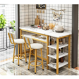 AWQM Bar Table Set of 2 with Storage Shelves, 47" White Faux Marble Dining Set with 2 Upholstered Counter Height Backrest Chairs, 3-Piece Dining Set for 2, Space Saving Table for Home & Kitchen