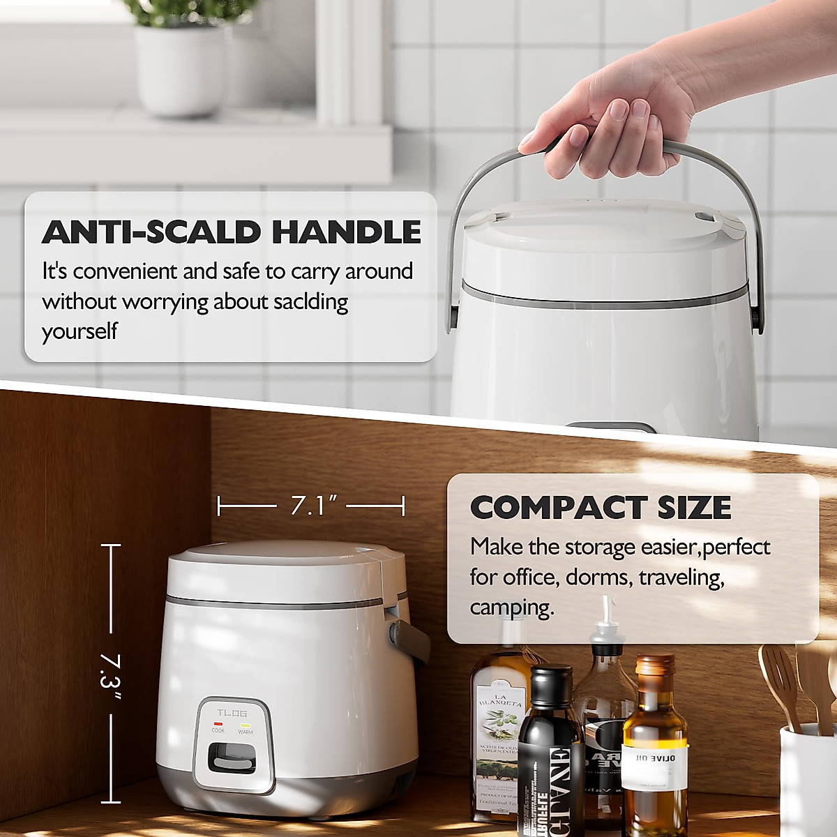 TLOG Mini Rice Cooker 2.5-Cup Uncooked(5-Cup cooked), Healthy Non-stick Coating 1.2L Small Rice Cooker for 1-3 People, Portable Travel Rice Cooker with Steam Tray, Rice Maker for Grains, White Rice, Oatmeal, Veggies